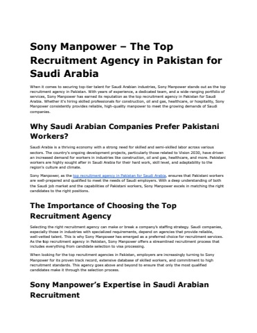 Sony Manpower – The Top Recruitment Agency in Pakistan for Saudi Arabia