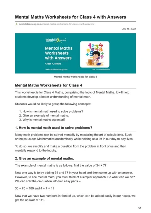 Mental Maths Worksheets With Answers
