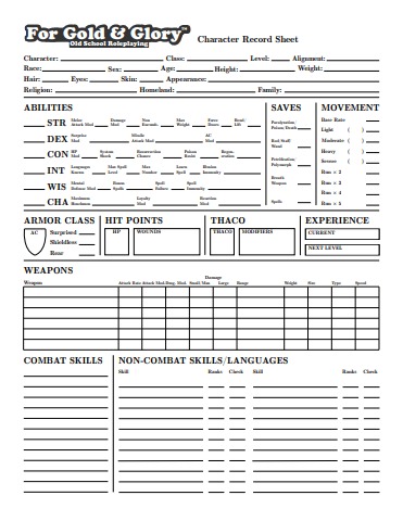AD&D - For Gold & Glory Character Sheet (form fillable)