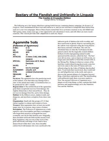 C&C Bestiary of the Fiendish and Unfriendly in Lingusia - Capn_Ragnar ...