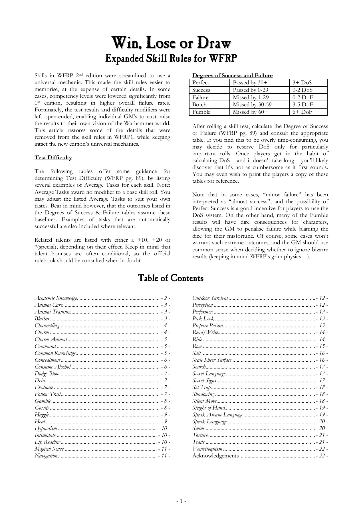 WFRP - Win, Lose or Draw - Expanded Skills Rules