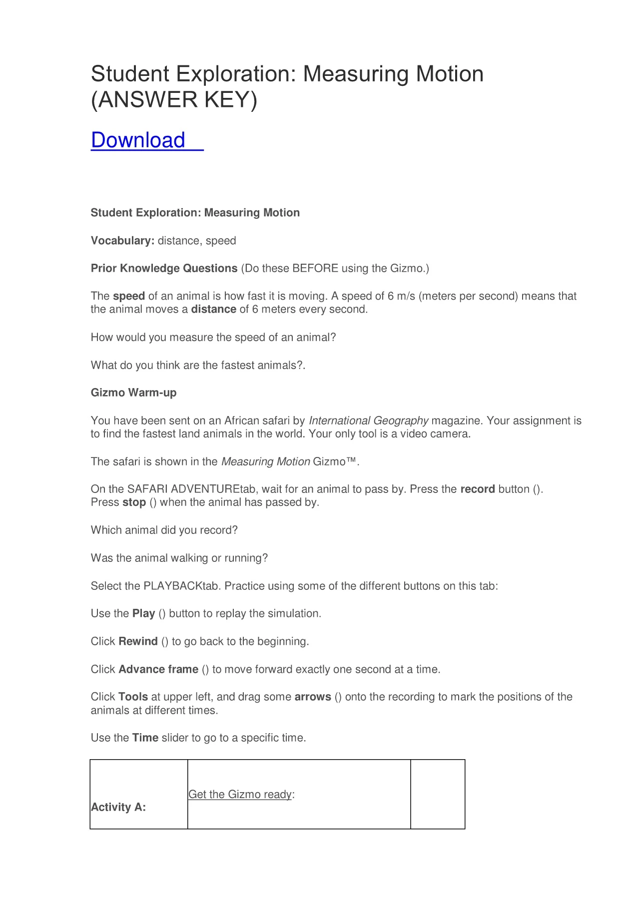Student Exploration- Measuring Motion (ANSWER KEY)
