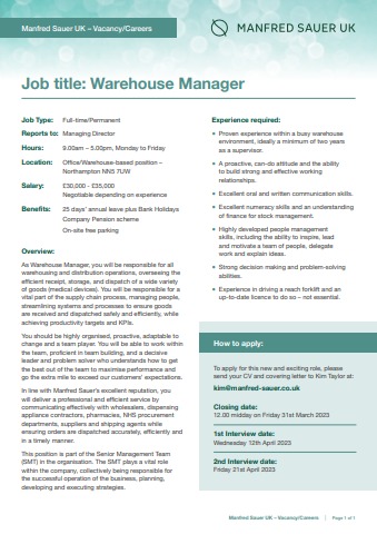 Manfred Sauer_Warehouse Manager_Vacancy