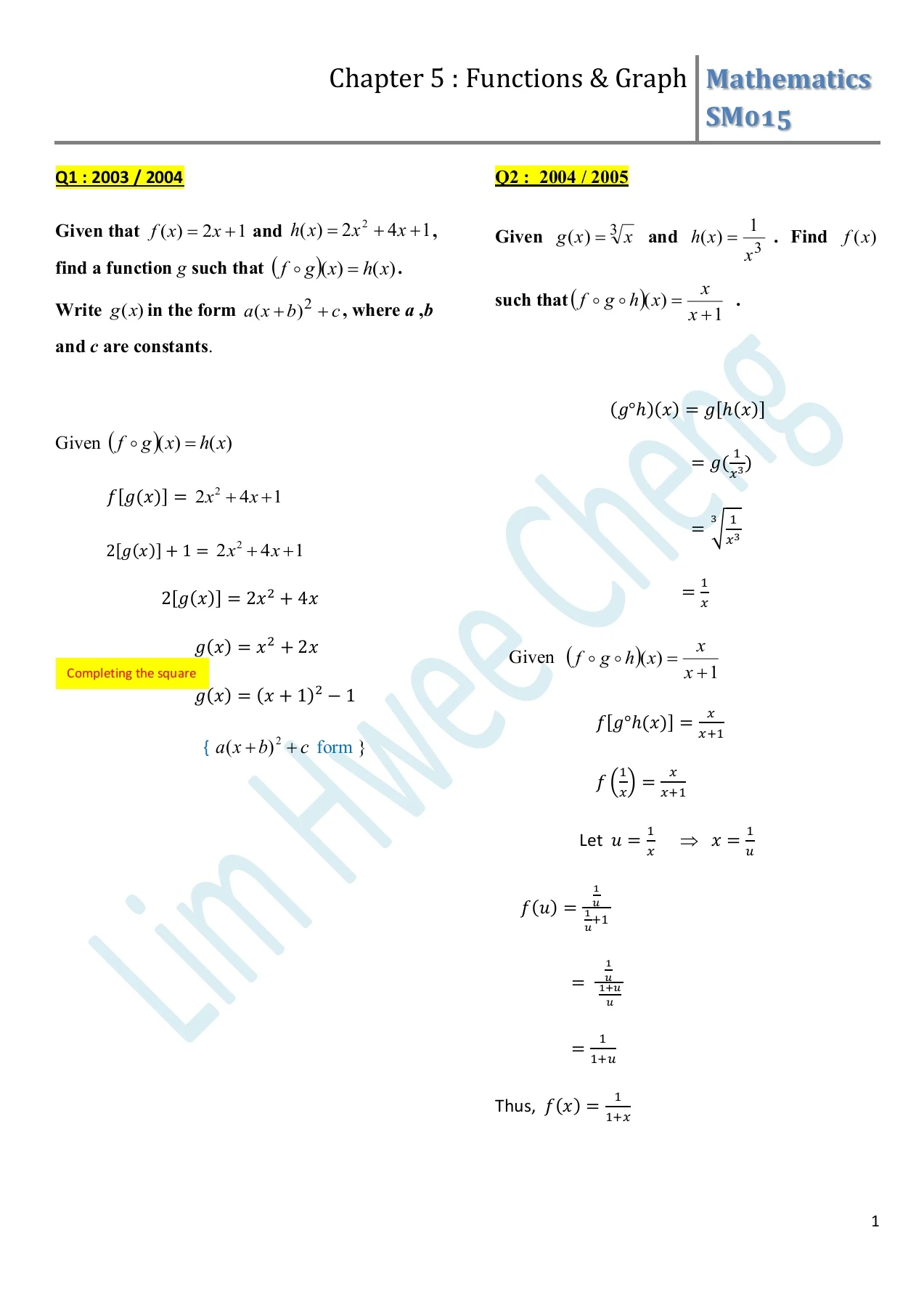Chapter 5 : Functions and Graphs