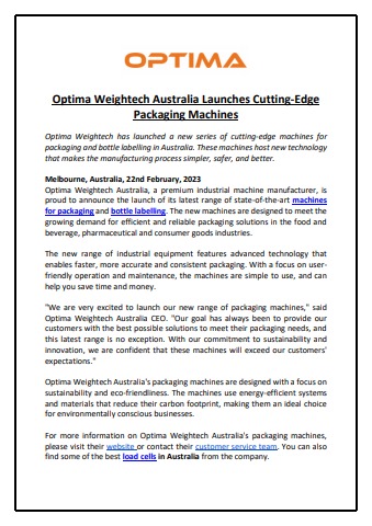 Optima Weightech Australia Launches Cutting-Edge Packaging Machines ...