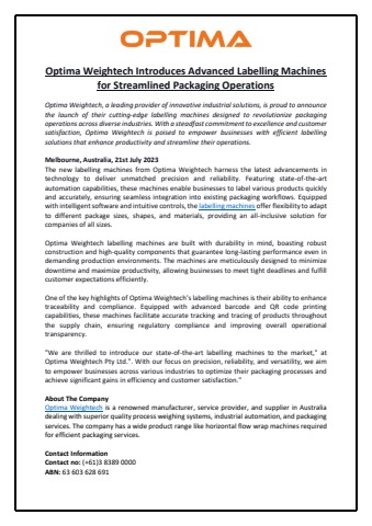 Optima Weightech Introduces Advanced Labelling Machines for Streamlined ...