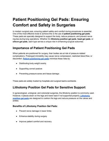 Patient Positioning Gel Pads Ensuring Comfort and Safety in Surgeries