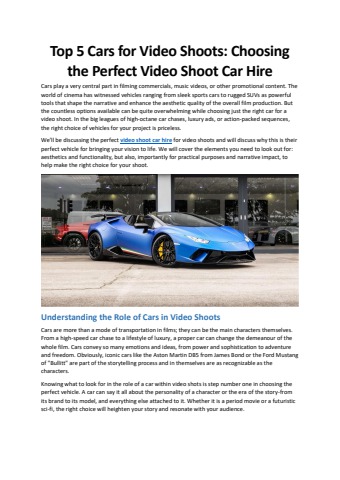 Top 5 Cars for Video Shoots Choosing the Perfect Video Shoot Car Hire