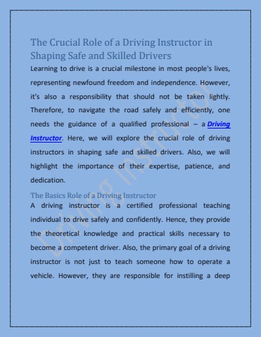 The Crucial Role of a Driving Instructor in Shaping Safe and Skilled ...