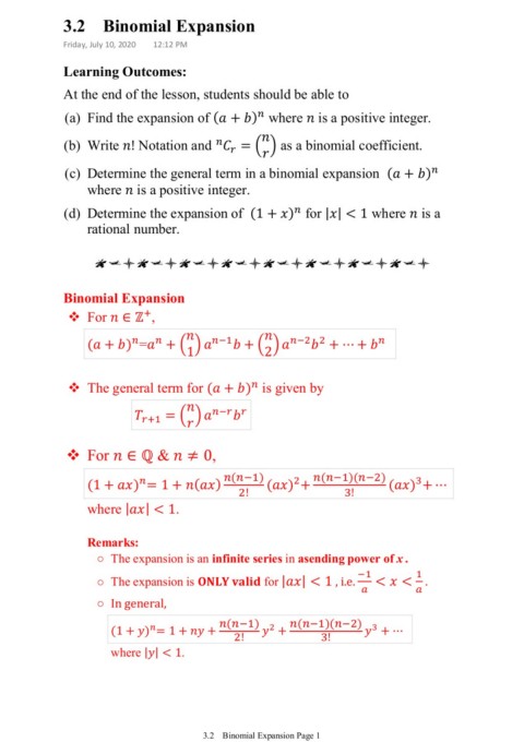 The Binomial Theorem Worksheet Answers Problems Involving Binomial