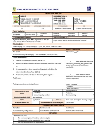 DAILY LESSON PLAN TS25 YEAR 1 - ABDULLAH BIN SAMSUDIN Moe Flip PDF ...