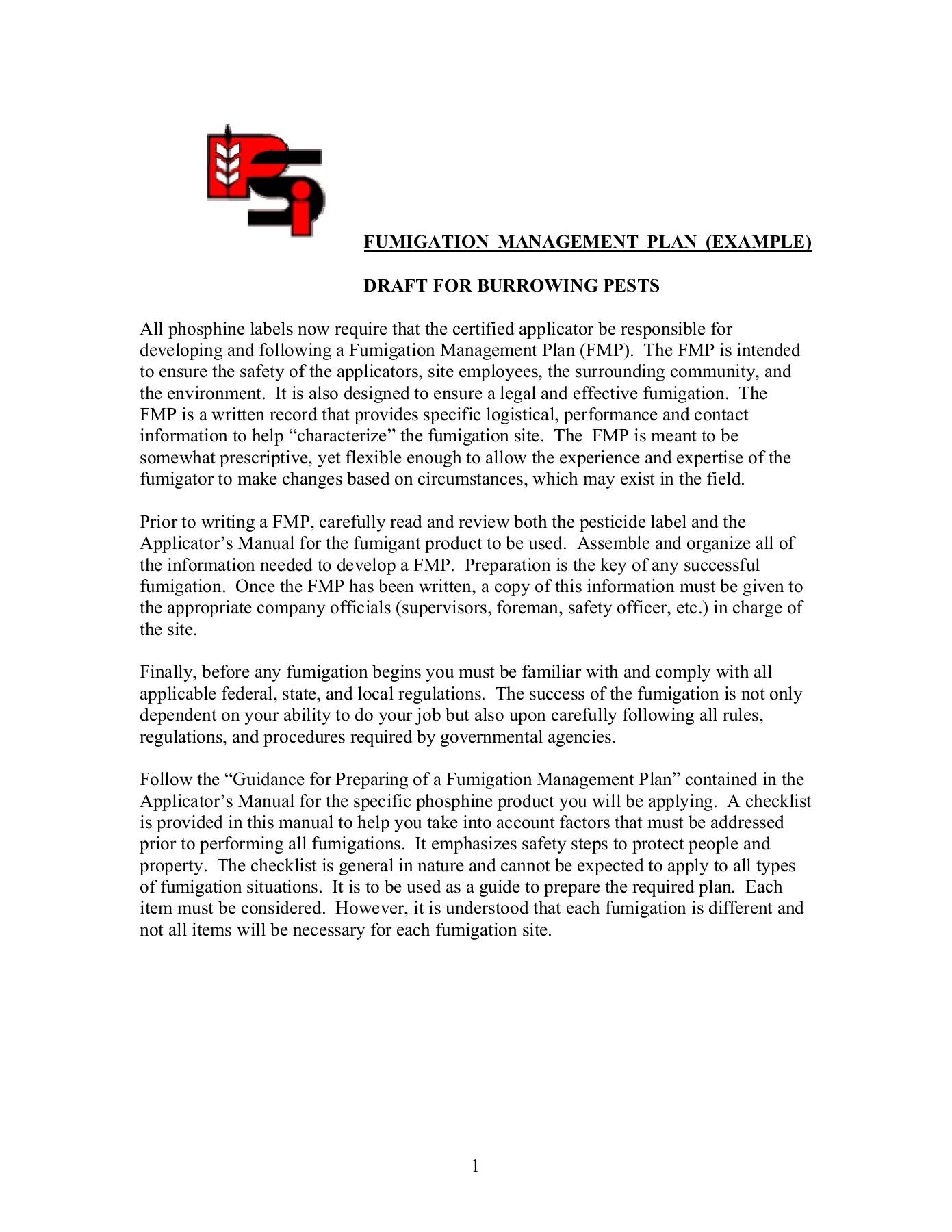 Vermin Control Plan Construction Sample