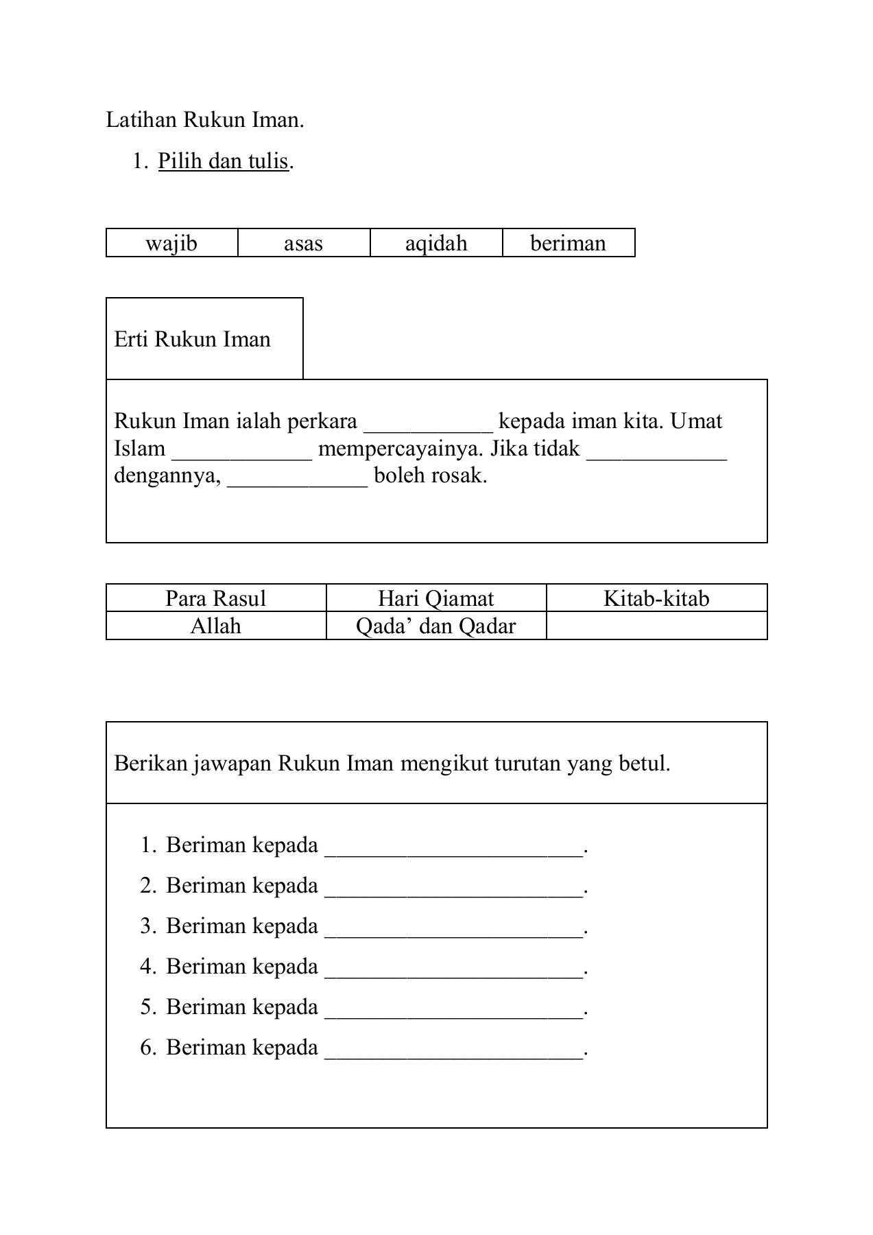 Lembaran Kerja Latihan Rukun Iman Prasekolah Bbm Pendidikan Islam ...