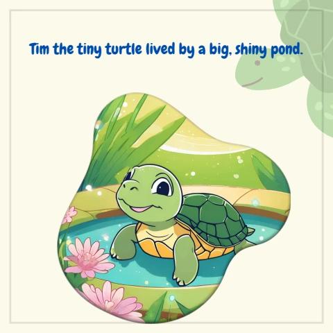 Tim the tiny turtle lived by a big, shiny pond.