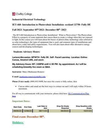 IET-460- Industrial Electrical Technology Syllabus- Fall 2023 ...