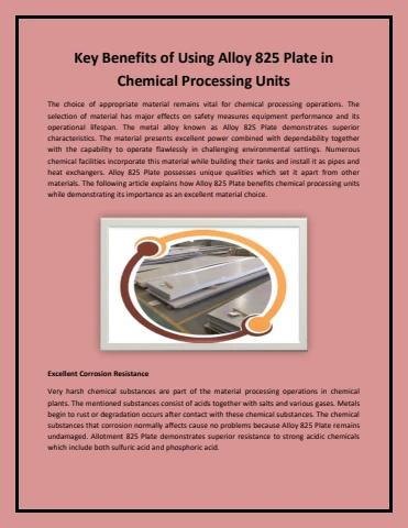 Key Benefits of Using Alloy 825 Plate in Chemical Processing Units