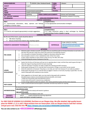 LESSON 1_ CEFR KSSM FORM 2 LESSON PLAN english lesson plan RPH BI ...