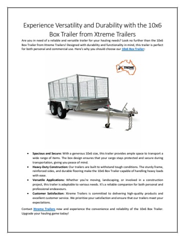 Experience Versatility and Durability with the 10x6 Box Trailer from Xtreme Trailers ...