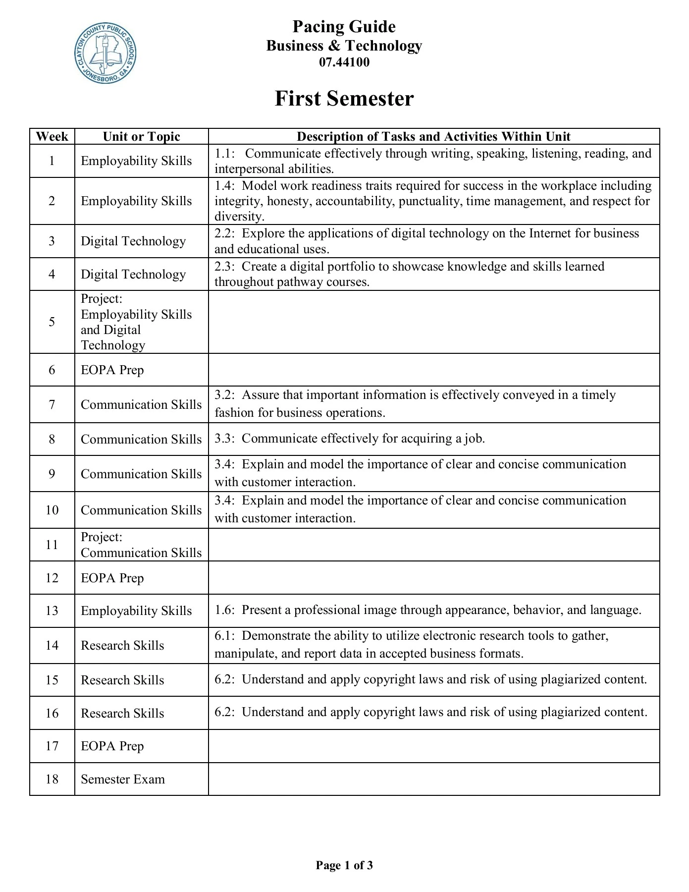 Business & Technology - Pacing Guide
