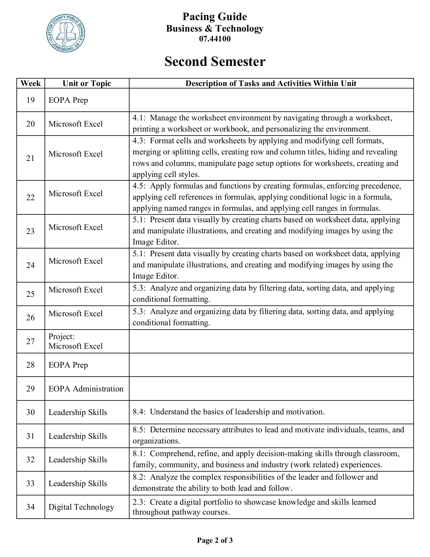 Business & Technology - Pacing Guide
