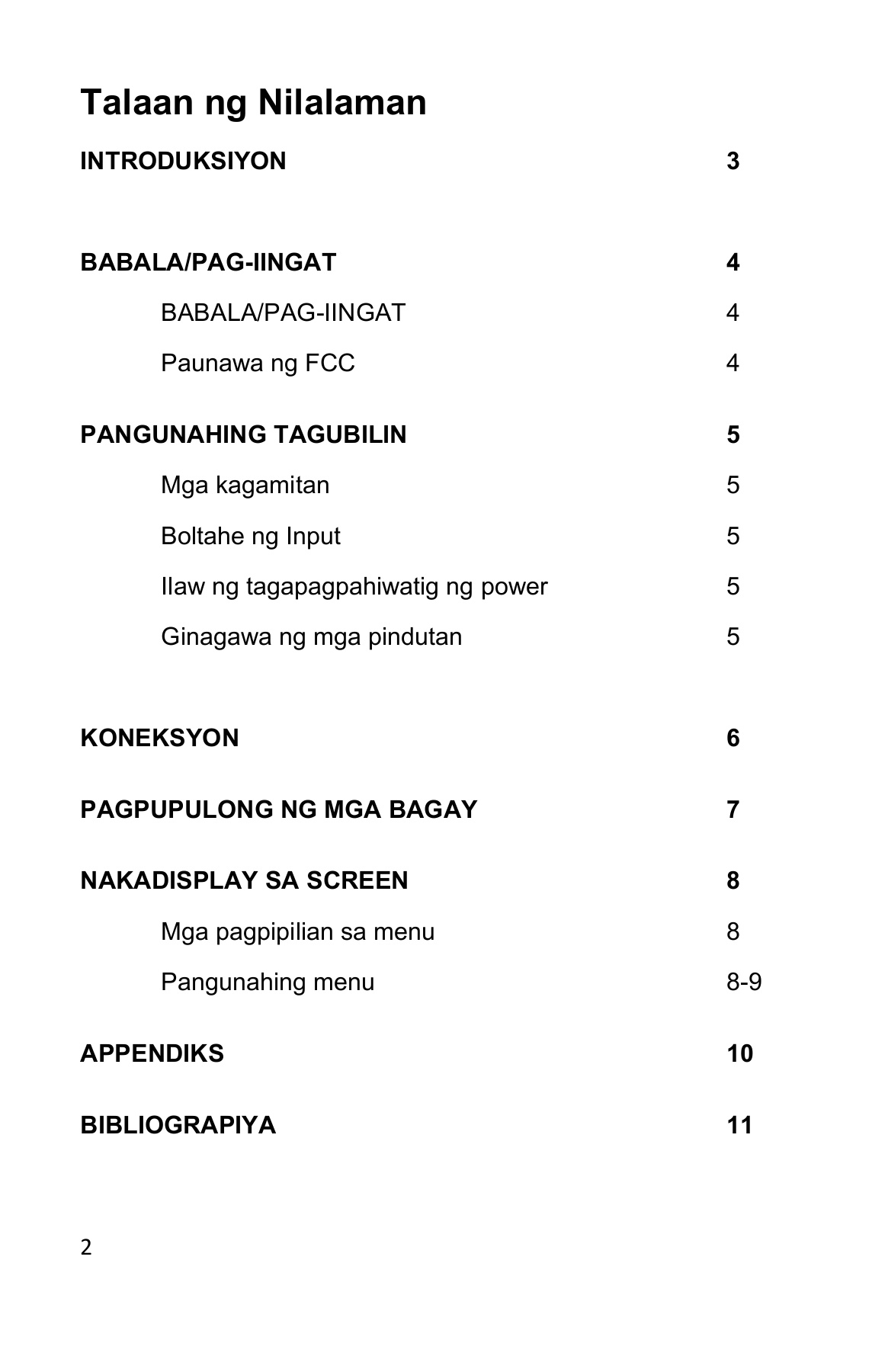 Talaan Ng Nilalaman Halimbawa