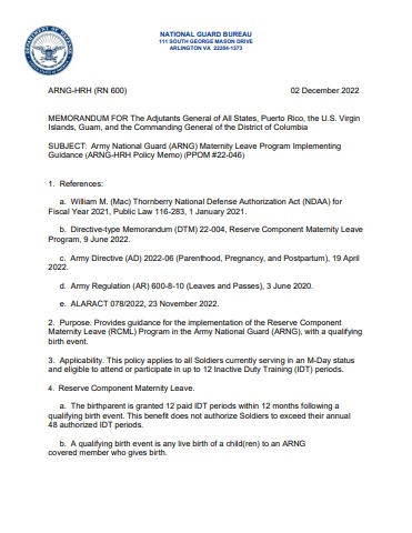 (PPOM 2022-046) Army National Guard Maternity Leave Program ...