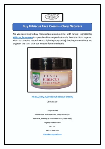 Buy Hibiscus Face Cream - Clary Naturals
