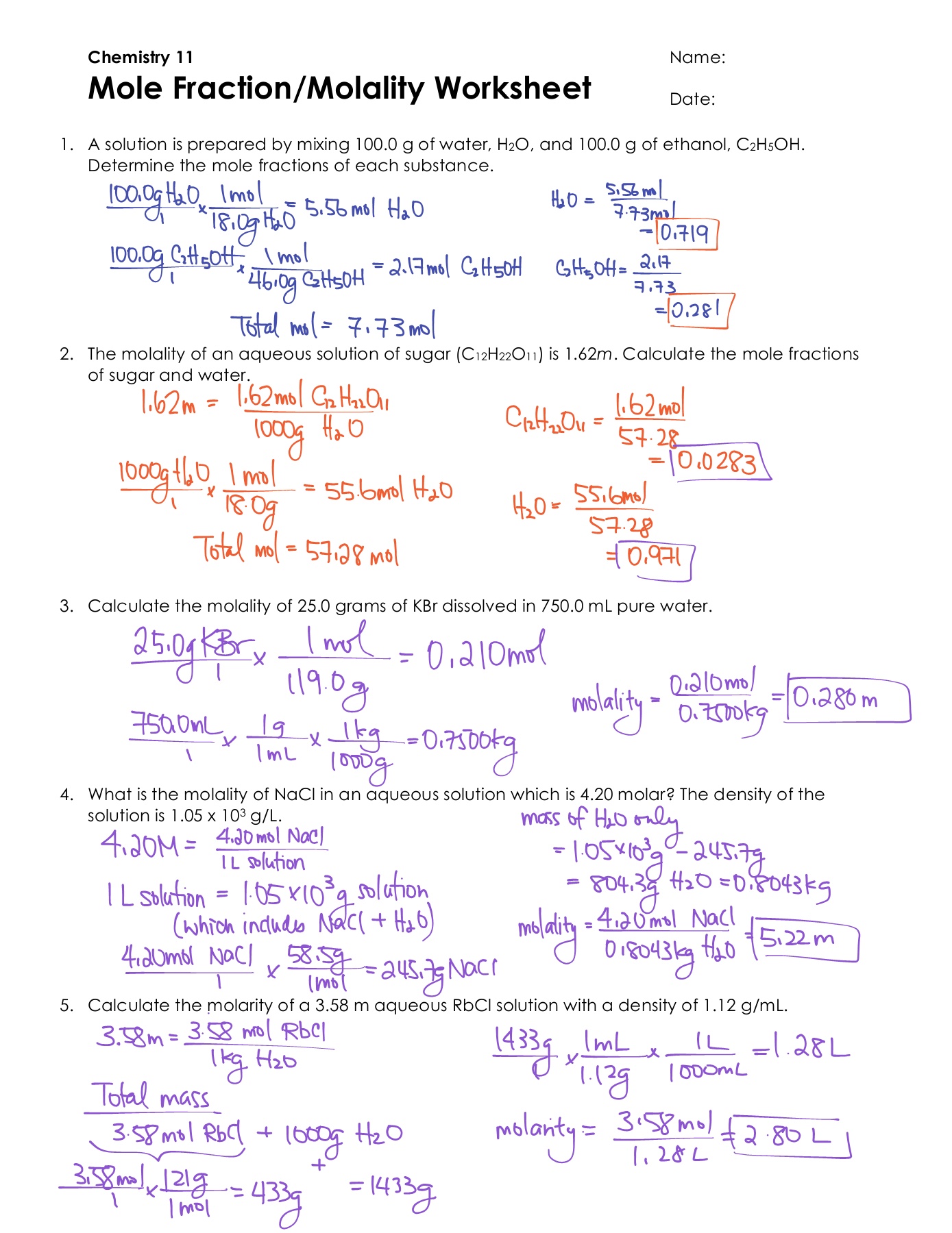 Molarity M Worksheet