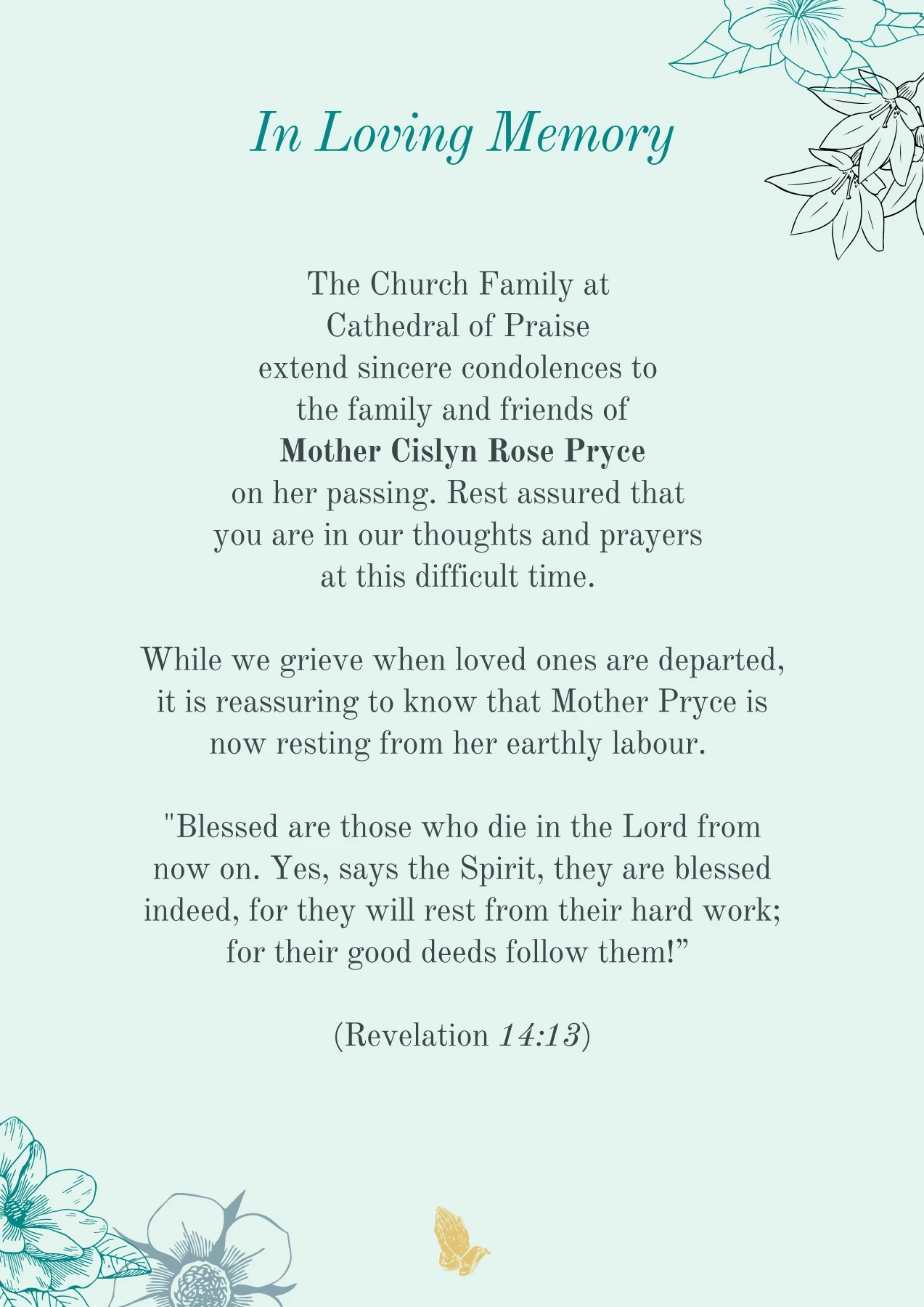 Tribute for The Late Mother Cislyn Rose Pryce