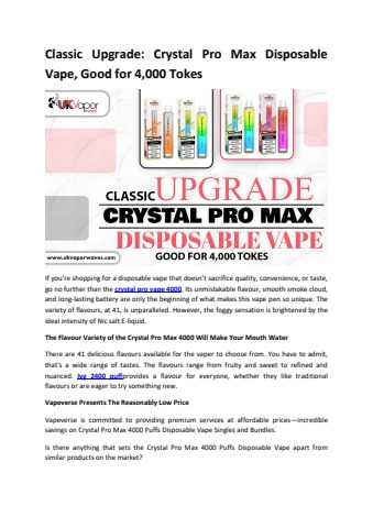 Classic Upgrade Crystal Pro Max Disposable Vape, Good for 4,000 Tokes ...