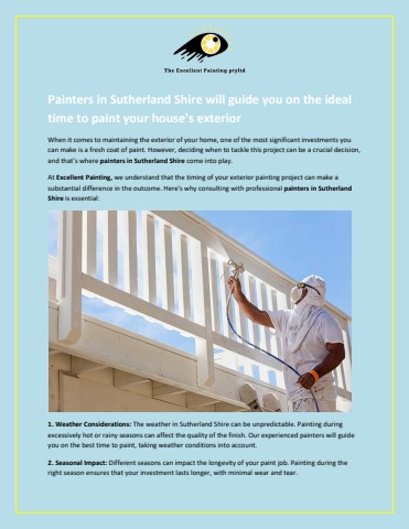 Painters in Sutherland Shire will guide you on the ideal time to paint ...