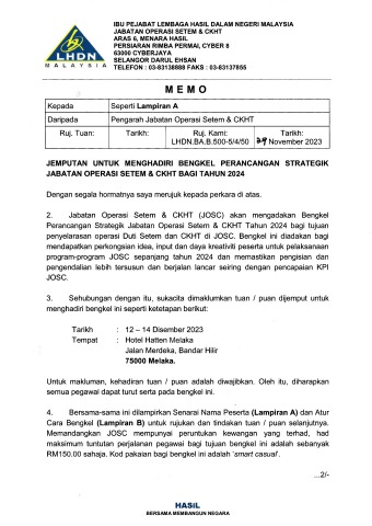 Memo Jemputan Menghadiri Bengkel Perancangan Strategik Jabatan Operasi ...