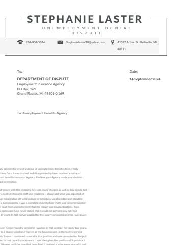 Stephanie Laster Unemployment Dispute Letter (Trinity Community Care ...