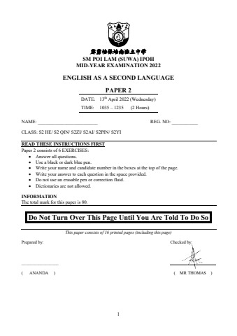 Mid Term S2 Ig ENG Exam P2 (2ND LANGUAGE) - PLHS Library Flip PDF | AnyFlip