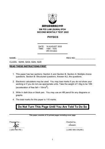 S2 PHYSICS SECOND MONTHLY TEST 2022 - PLHS Library Flip PDF | AnyFlip