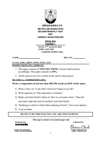 J2 IGCSE 2ND MONTHLY TEST 2021 PAPER 1- ENGLISH - PLHS Library Flip PDF ...