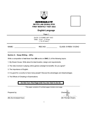 FIRST MONTHLY TEST S1 UEC ENGLISH P1 (2022) - PLHS Library Flip PDF ...