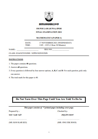 Final Examination 2021 IGCSE Senior 2 Mathematics PAPER 1 (S2AI, S2YI, S2HE,S2PIN,S2XIN,S2ZI ...