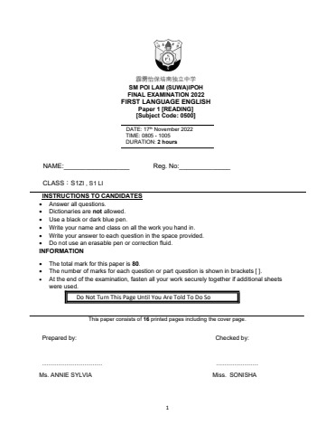 S1 FL ENG P1 Final Exam 2022 - PLHS Library Flip PDF | AnyFlip