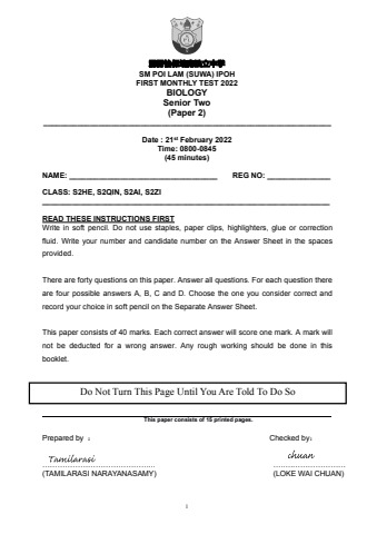S2 Biology Paper 2 (First Monthly Test 2022) - PLHS Library Flip PDF ...