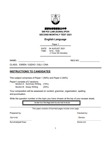 Paper 1 SENIOR 3 SECOND MONTHLY TEST 2021 - PLHS Library Flip PDF | AnyFlip