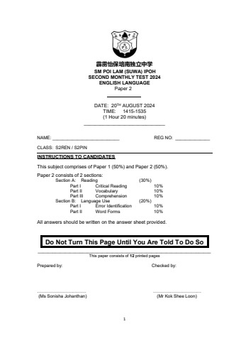 S2_UEC ENGLISH SECOND MONTHLY TEST 2024 P2 - PLHS Library Flip PDF ...