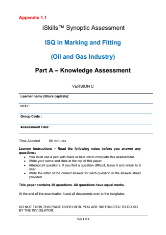 Task A iSkills Synoptic Assessment - ISQ in Marking and fitting (Oil ...