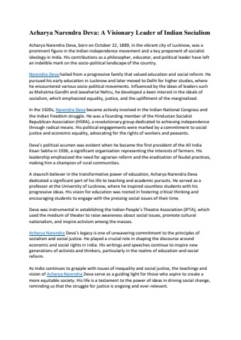 Acharya Narendra Deva: A Visionary Leader of Indian Socialism