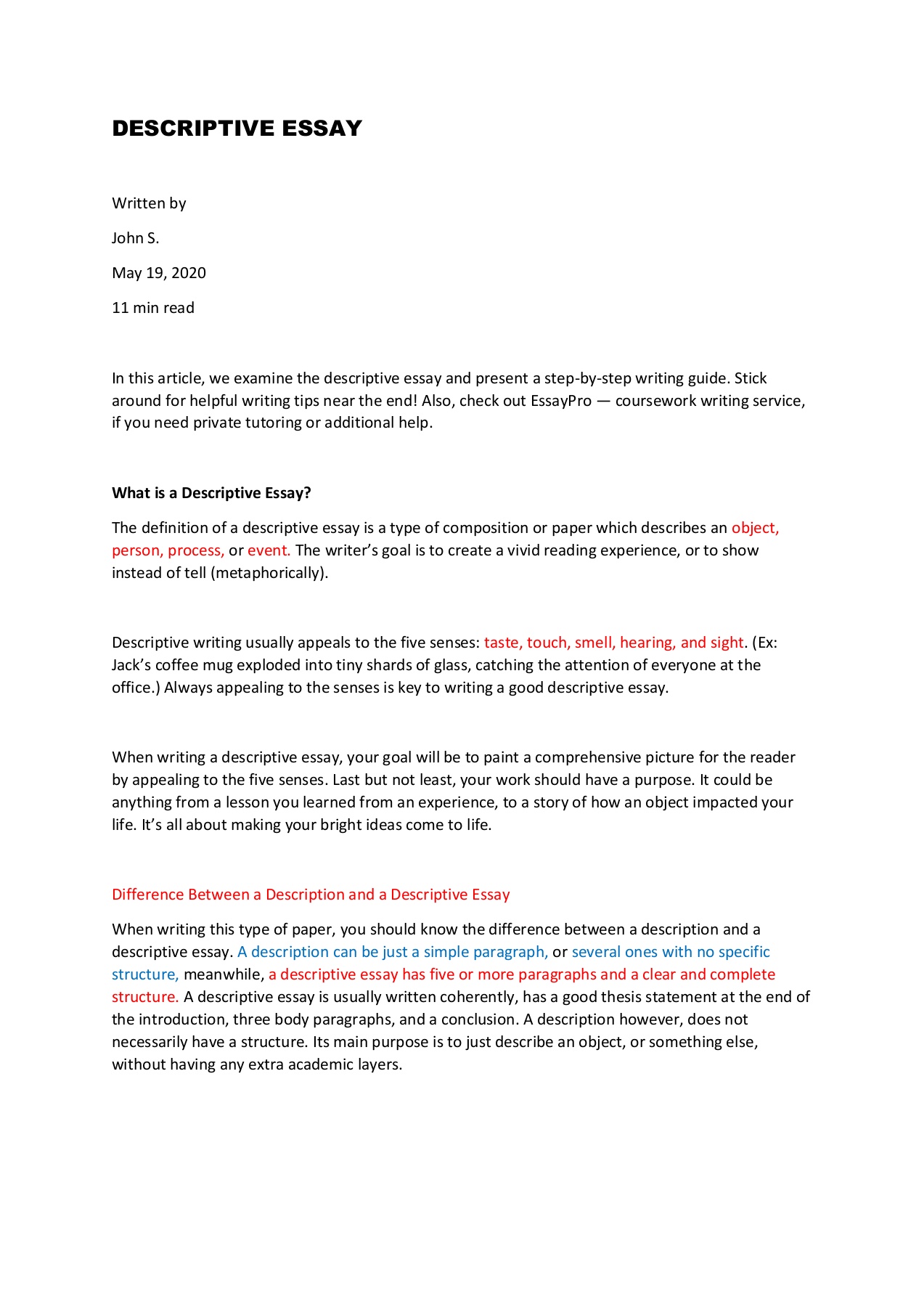 Descriptive Essay Writing 5 Paragraph Descriptive Essay (B.O.W.)