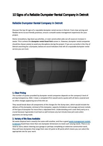 10 Signs of a Reliable Dumpster Rental Company in Detroit