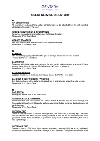 Guest Service Directory - Centara Chaan Talay Flip PDF | AnyFlip