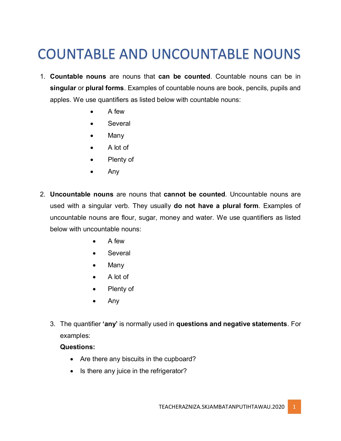 Quantifiers Using Countable And Uncountable Nouns English Grammar