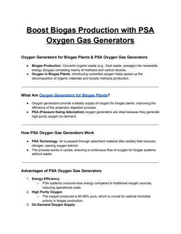 Boost Biogas Production with PSA Oxygen Gas Generators