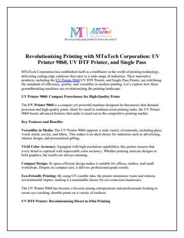 Revolutionizing Printing with MTuTech Corporation UV Printer 9060 UV ...